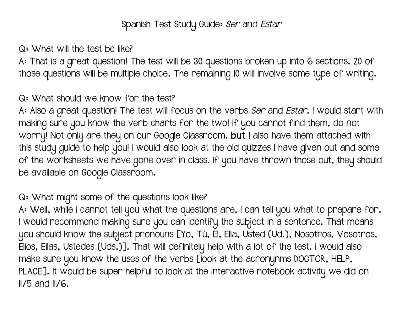 Spanish Test Study Guide: Ser and Estar Q | Summaries Spanish | Docsity