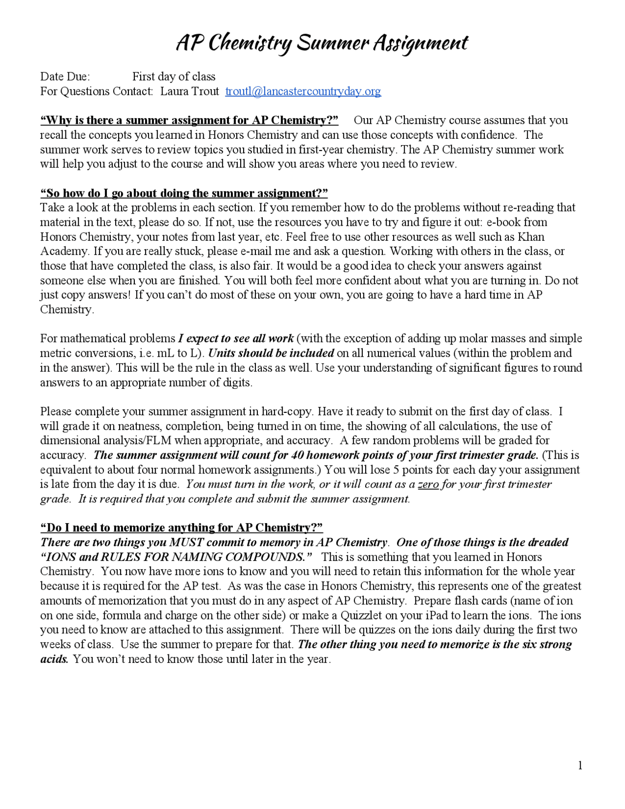 AP Chemistry Summer Assignment | Lecture notes Chemistry | Docsity