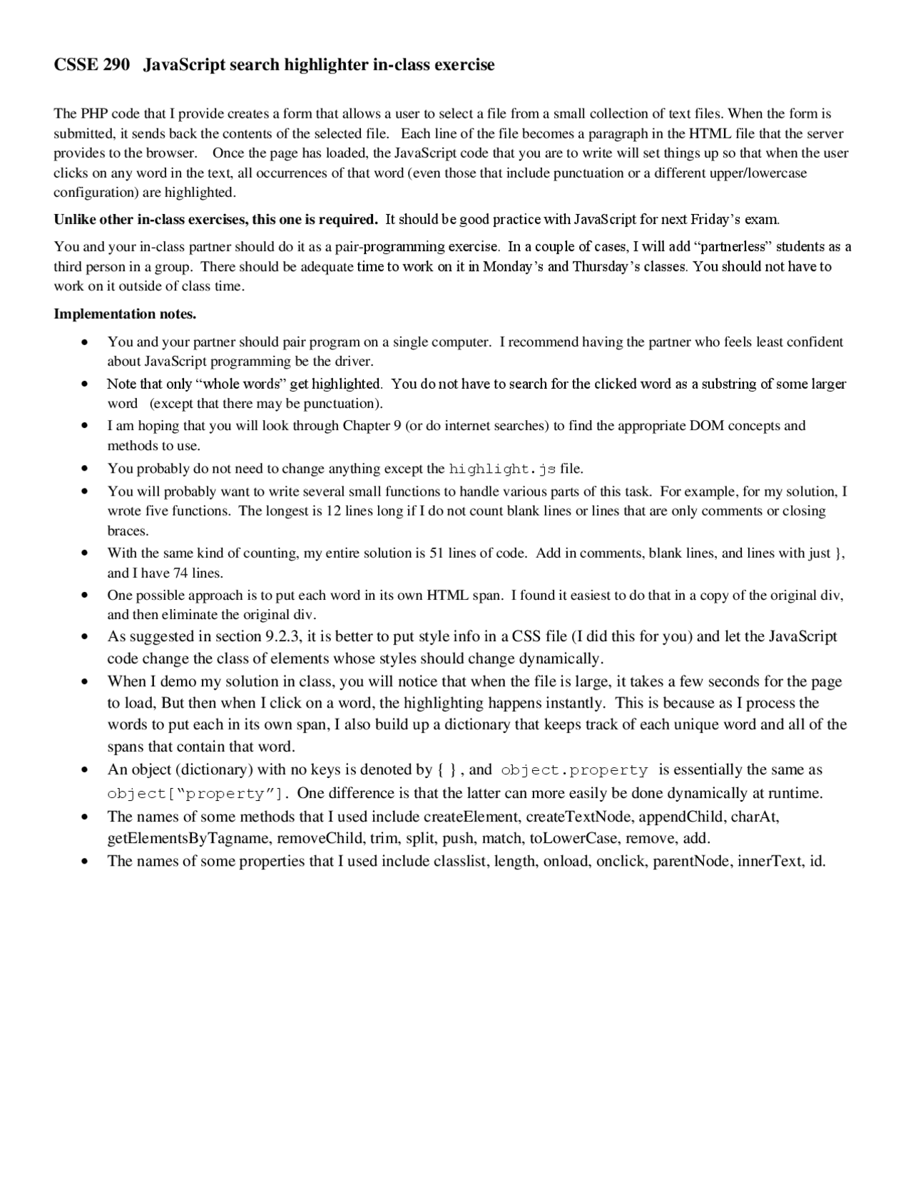 CSSE 290 JavaScript search highlighter in-class exercise | Study notes ...