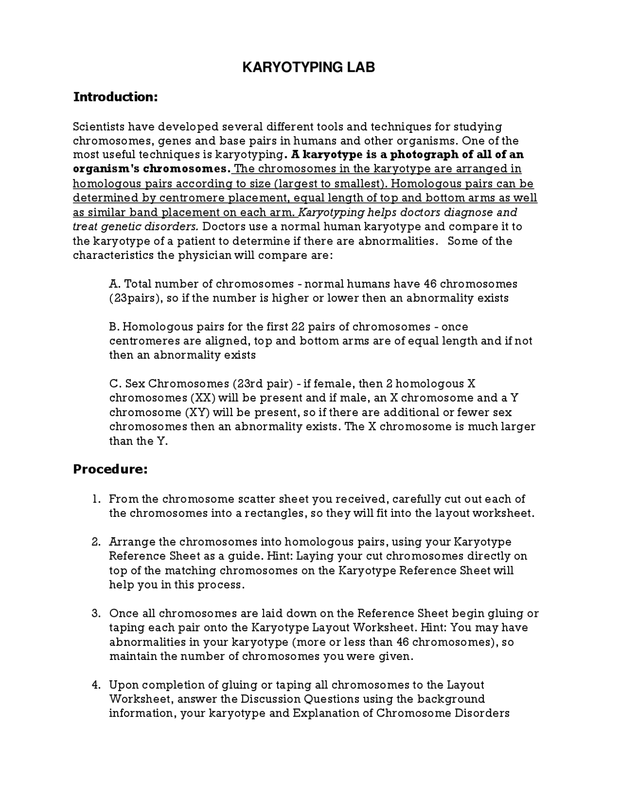 KARYOTYPING LAB | Lecture notes Biology | Docsity