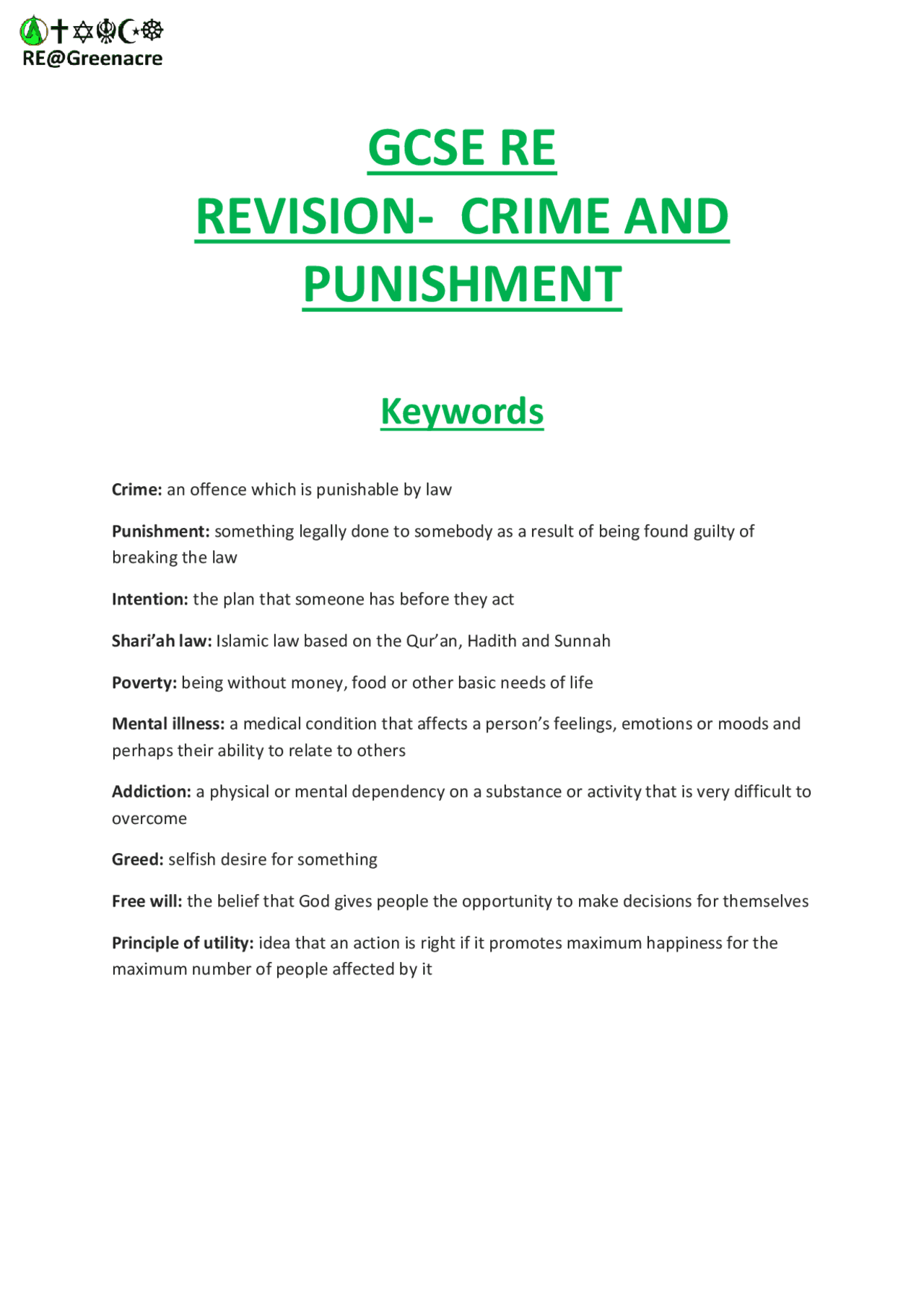 GCSE RE REVISION- CRIME AND PUNISHMENT | Exercises Religion | Docsity