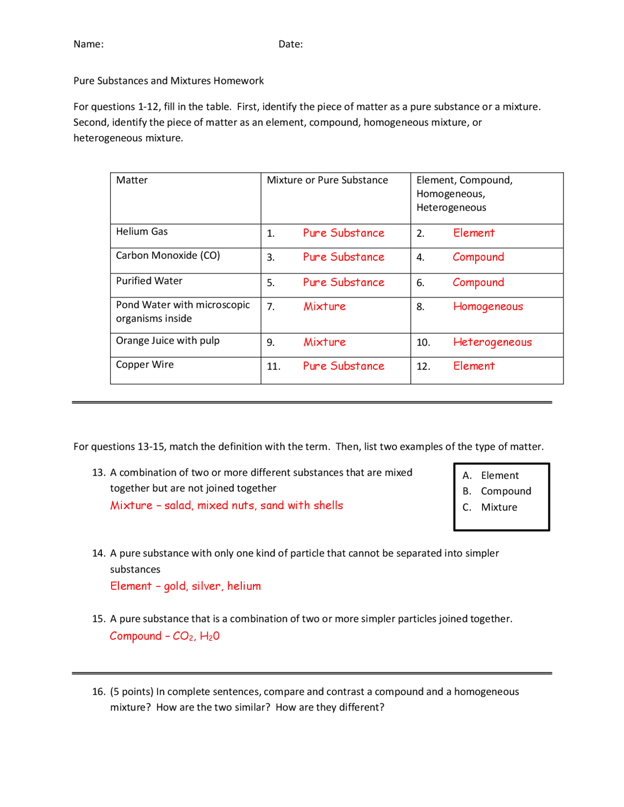 Date Pure Substances And Mixtures Homework For Questions Slides