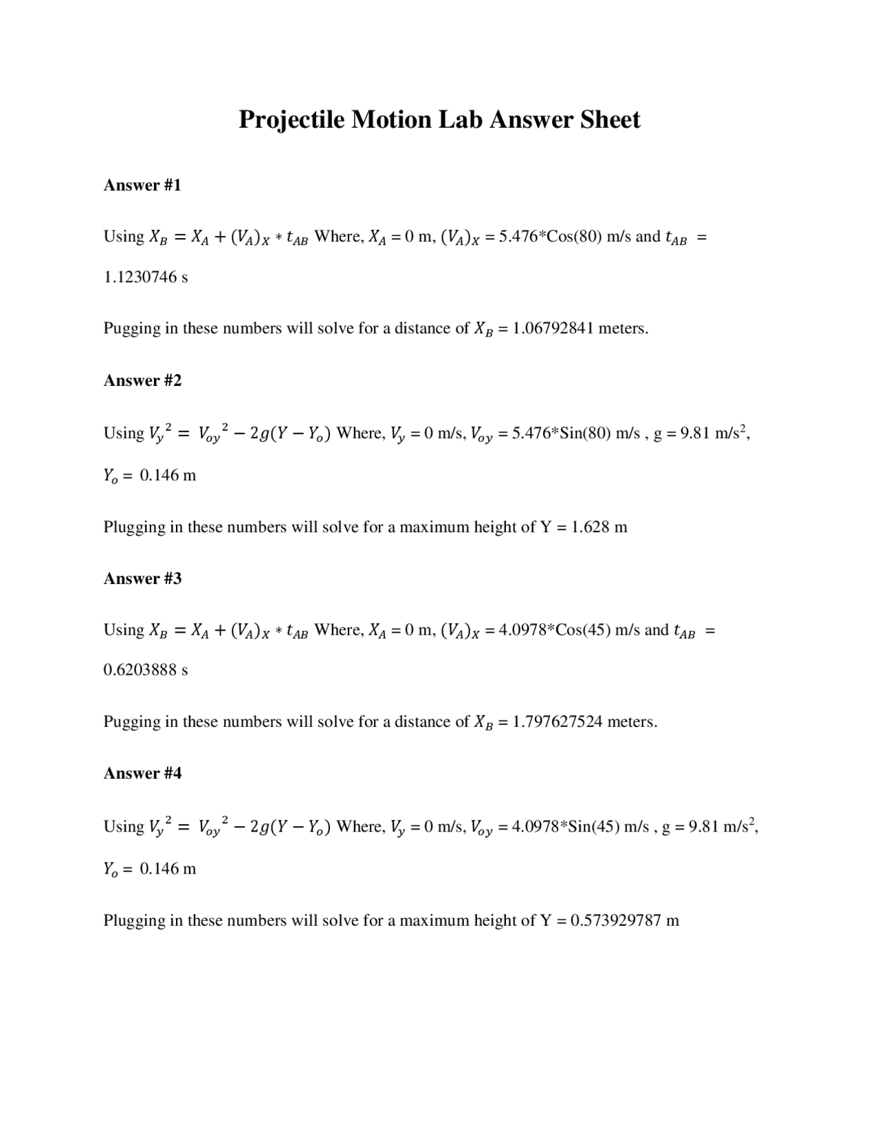Projectile Motion Lab Answer Sheet: Calculating Distance and Maximum ...
