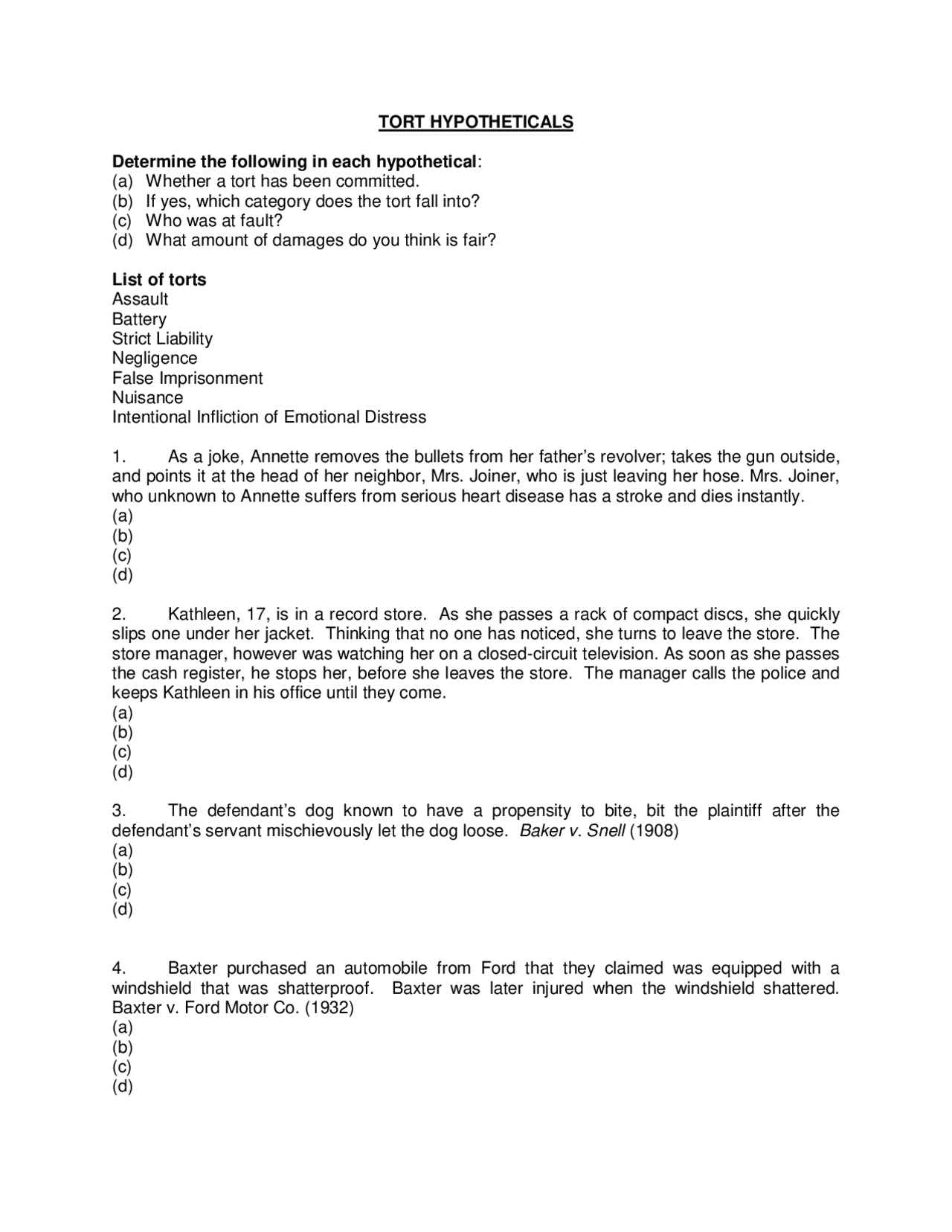 Tort Hypotheticals Lecture Notes Law Docsity