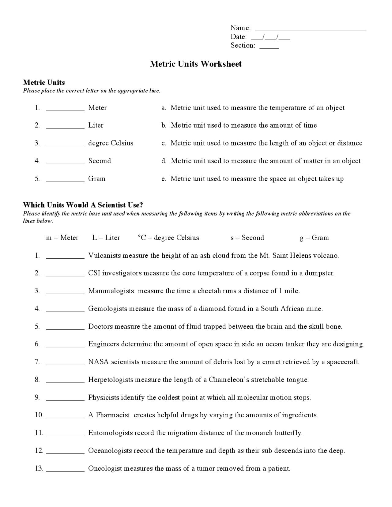 Metric Units Worksheet | Summaries Physics | Docsity