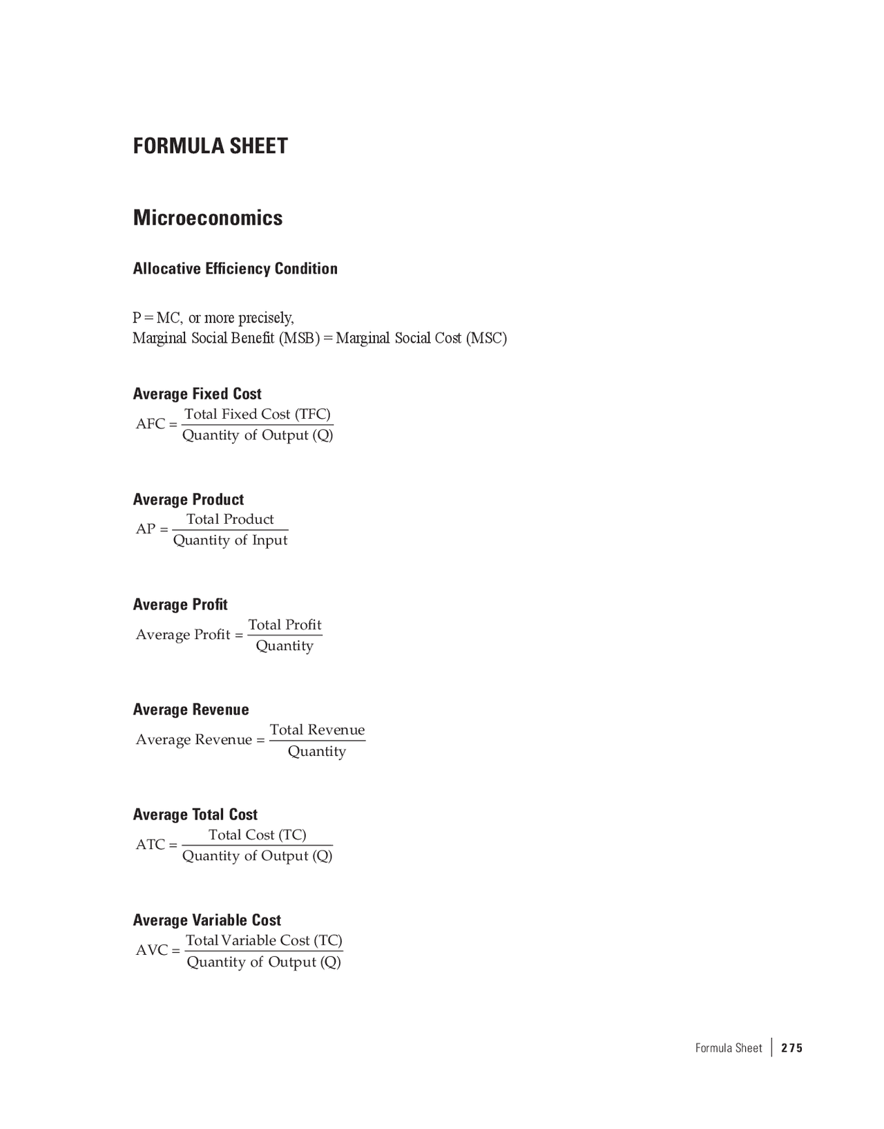 FORMULA SHEET Microeconomics | Study notes Microeconomics - Docsity