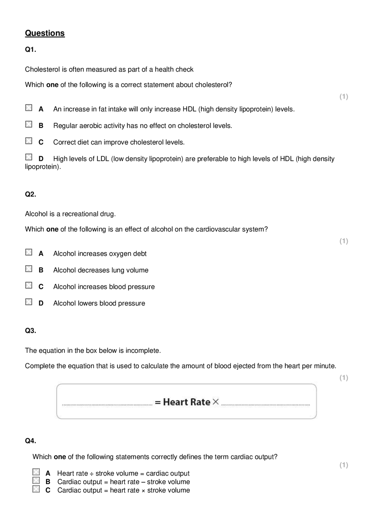 Exam Questions and Answers on Cardiovascular System and Exercise ...