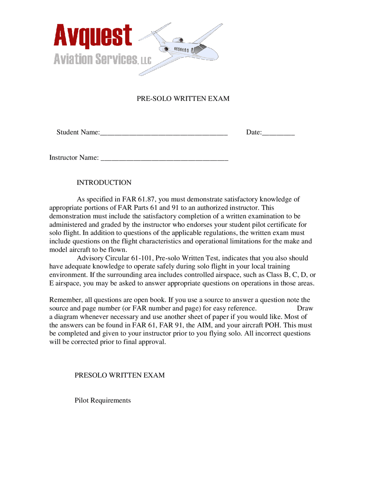 Pre-Solo Written Test (answers) | Lecture notes Business | Docsity