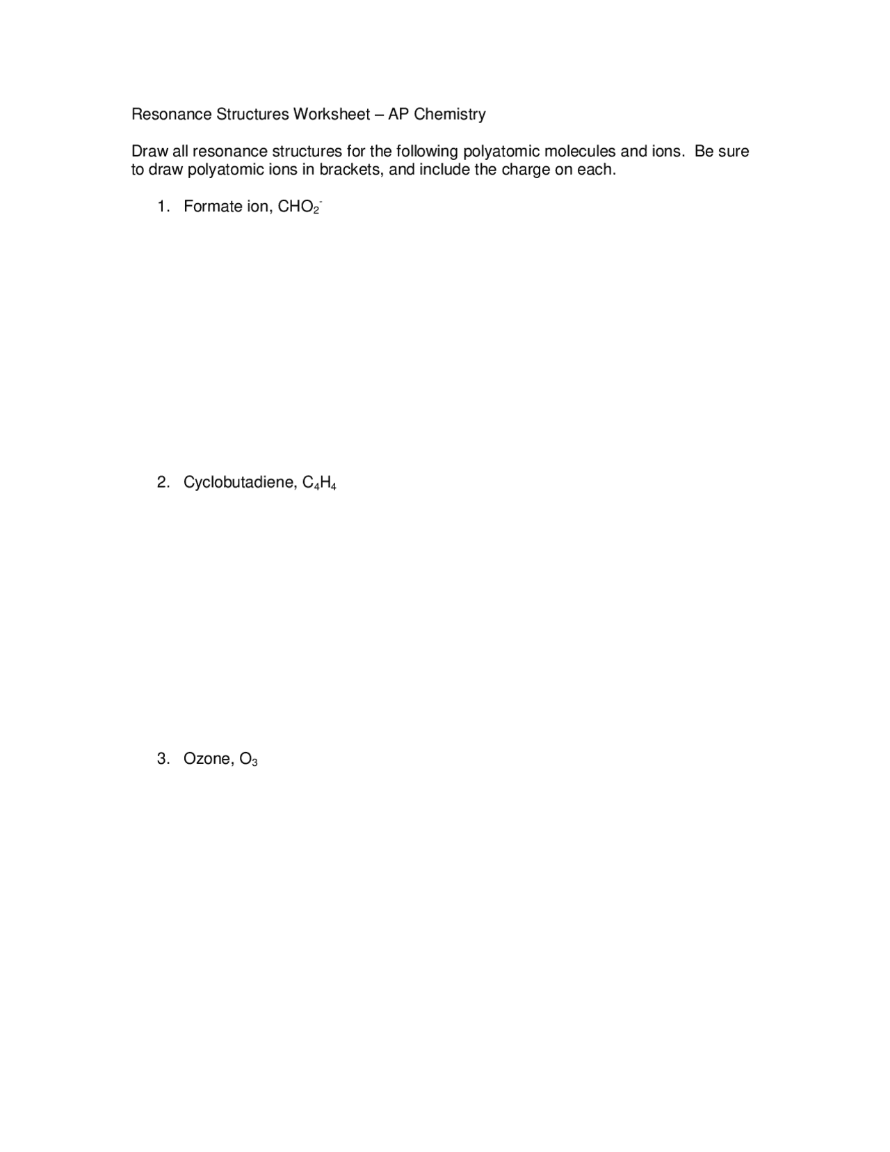 AP Chem Resonance Structures Worksheet - Formate, Cyclobutadiene, Ozone ...