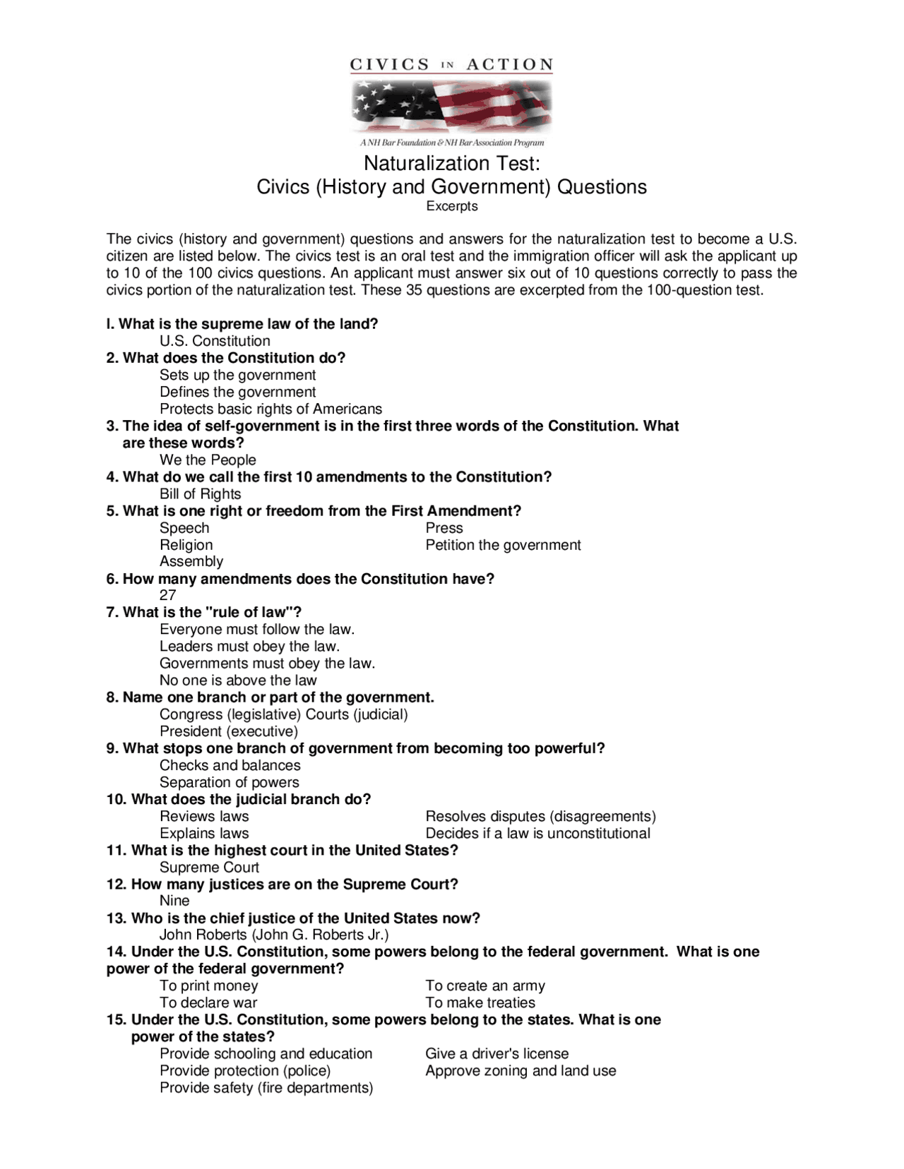 US Naturalization Test: Civics Questions and Answers | Lecture notes ...
