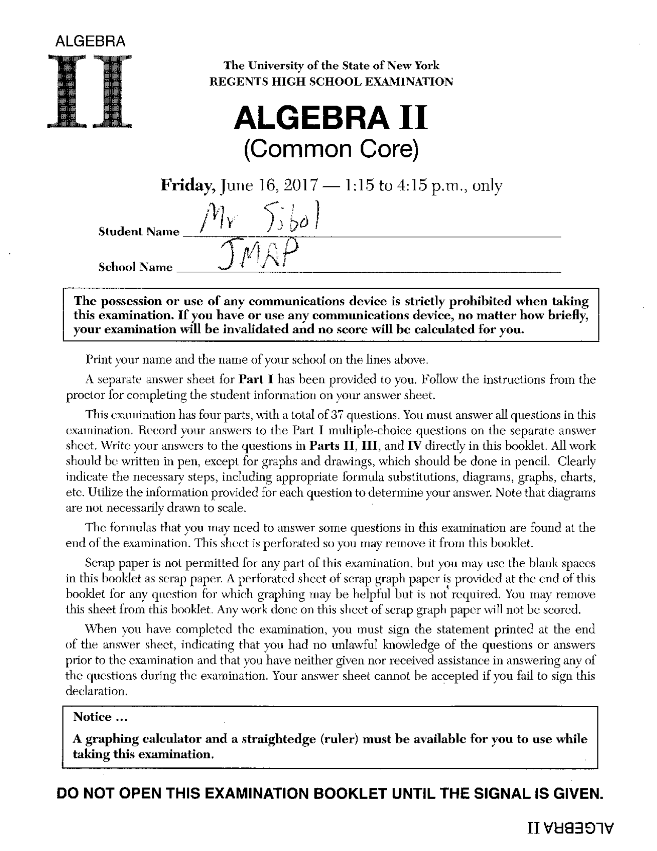 Algebra II (Common Core) Regents High School Examination - June '17 ...