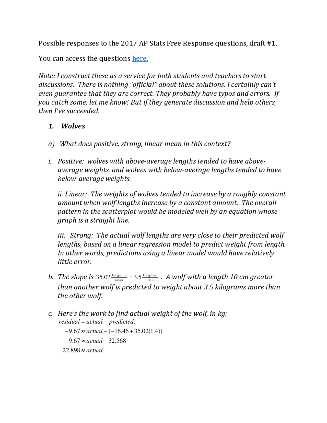 AP Stats Free Response Questions Solutions: Draft 1 | Study notes ...