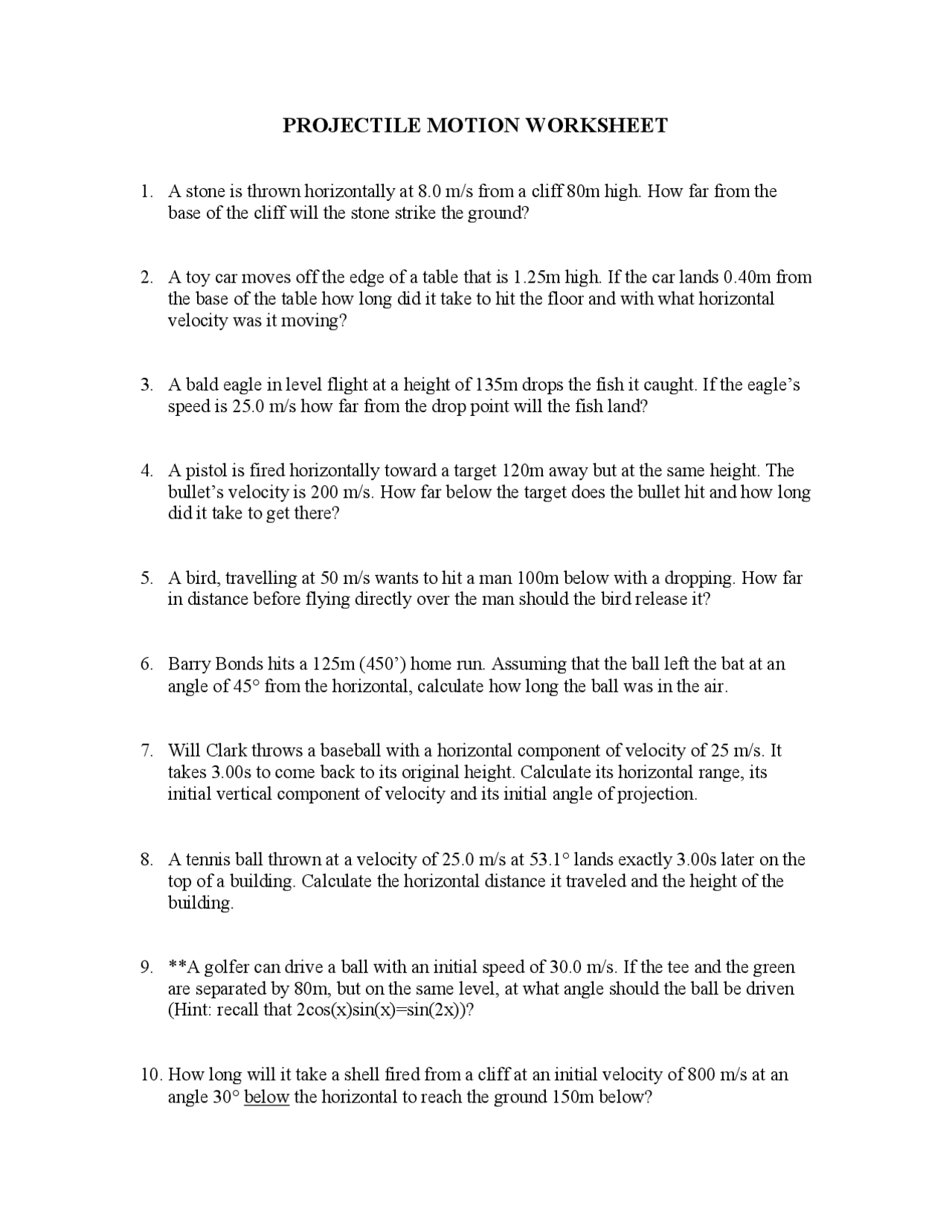 Projectile Motion Worksheet Schemes And Mind Maps Physics Docsity