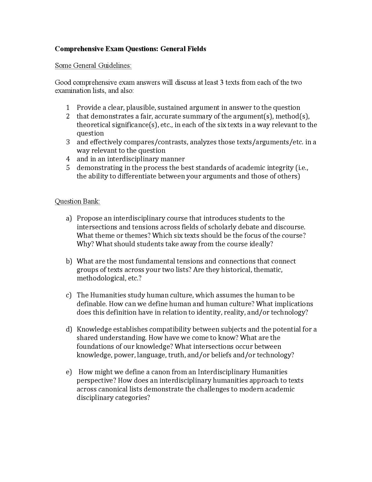 Comprehensive Exam Questions | Exams Humanities | Docsity