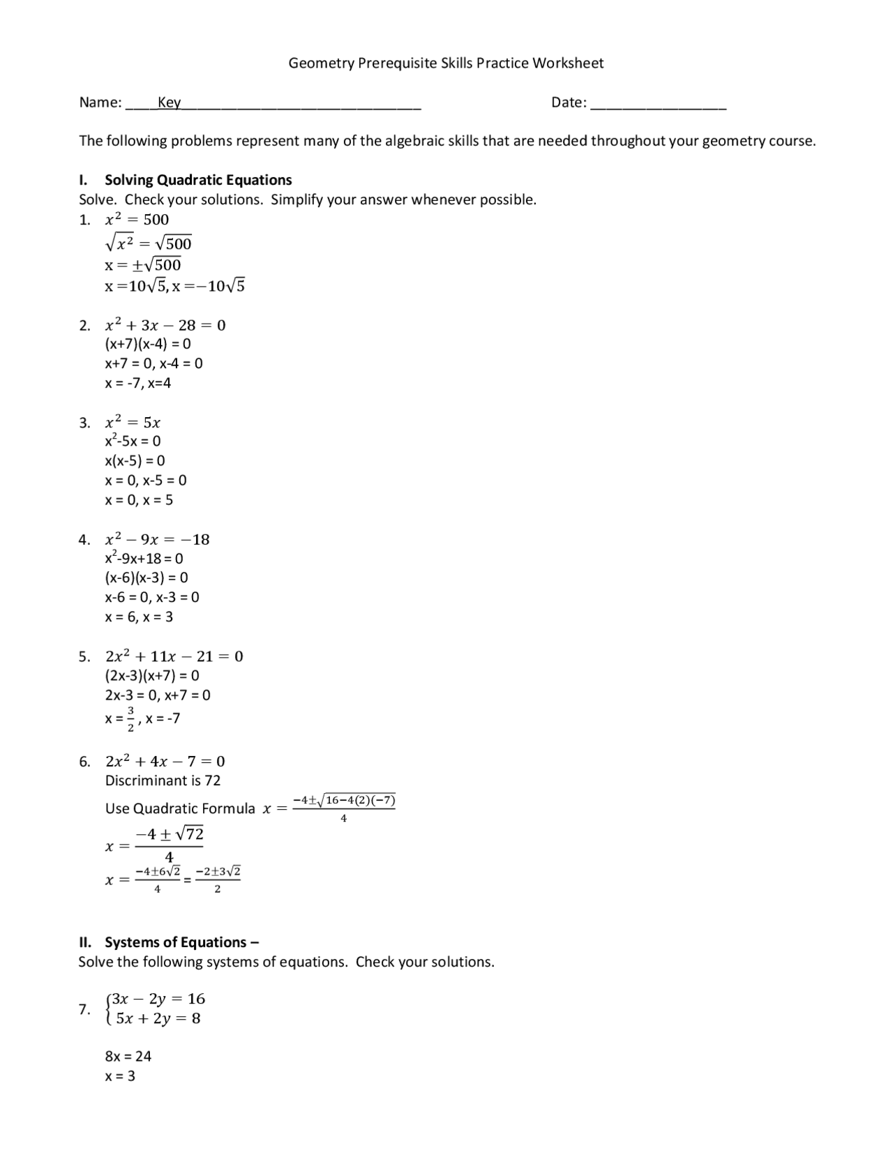 Geometry Answer Key | Exercises Geometry | Docsity