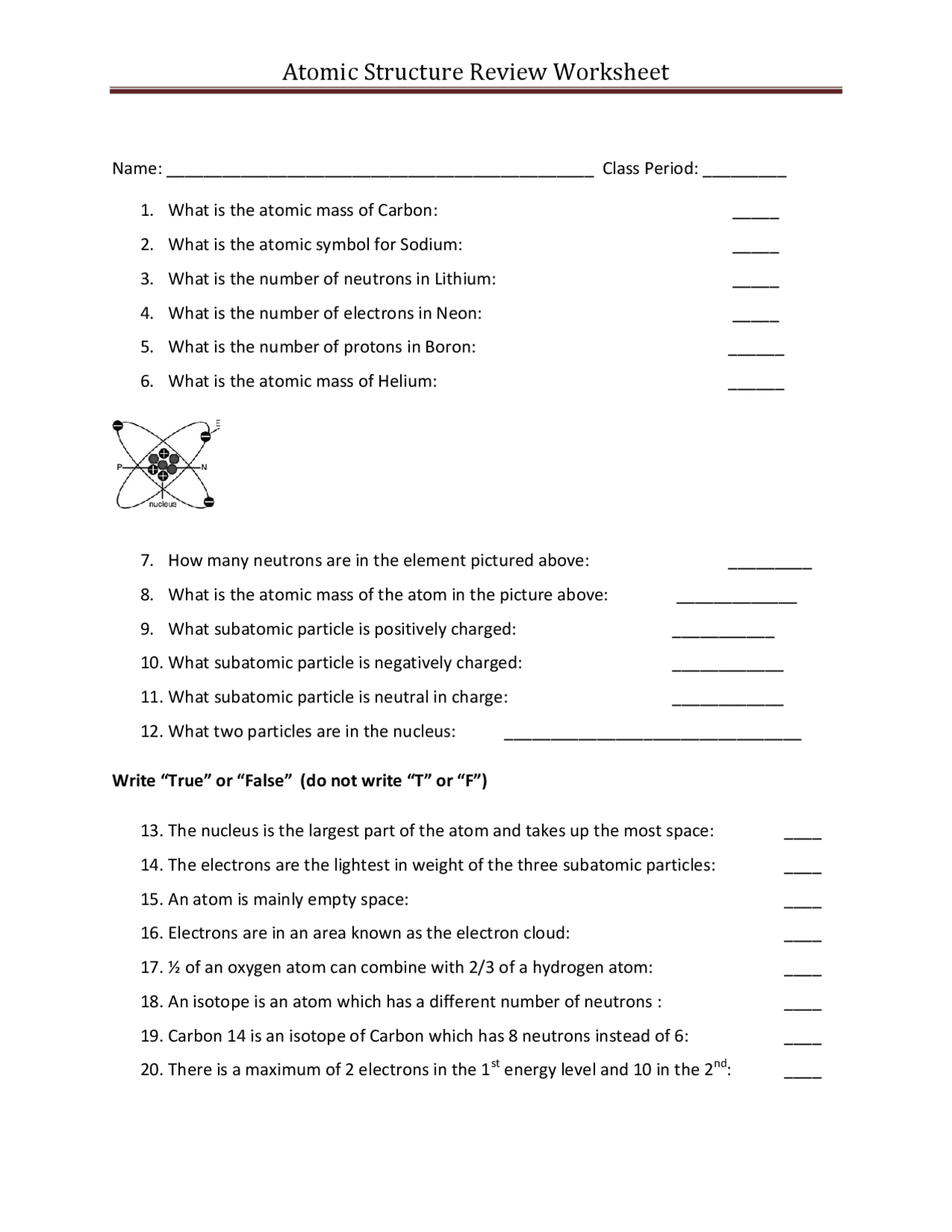 Atomic Theory Review Worksheet 6957106 | Unit 1 3 Chemistry Review