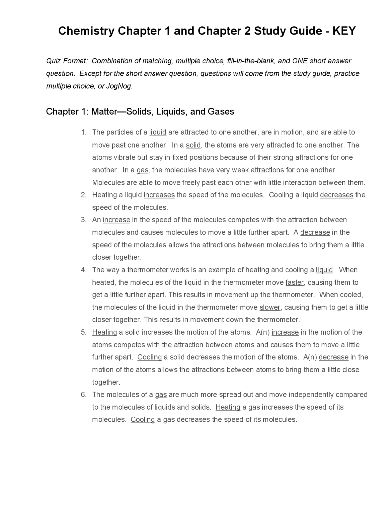 Chemistry Chapter 1 and 2 Study Guide: Matter and Changes of State ...