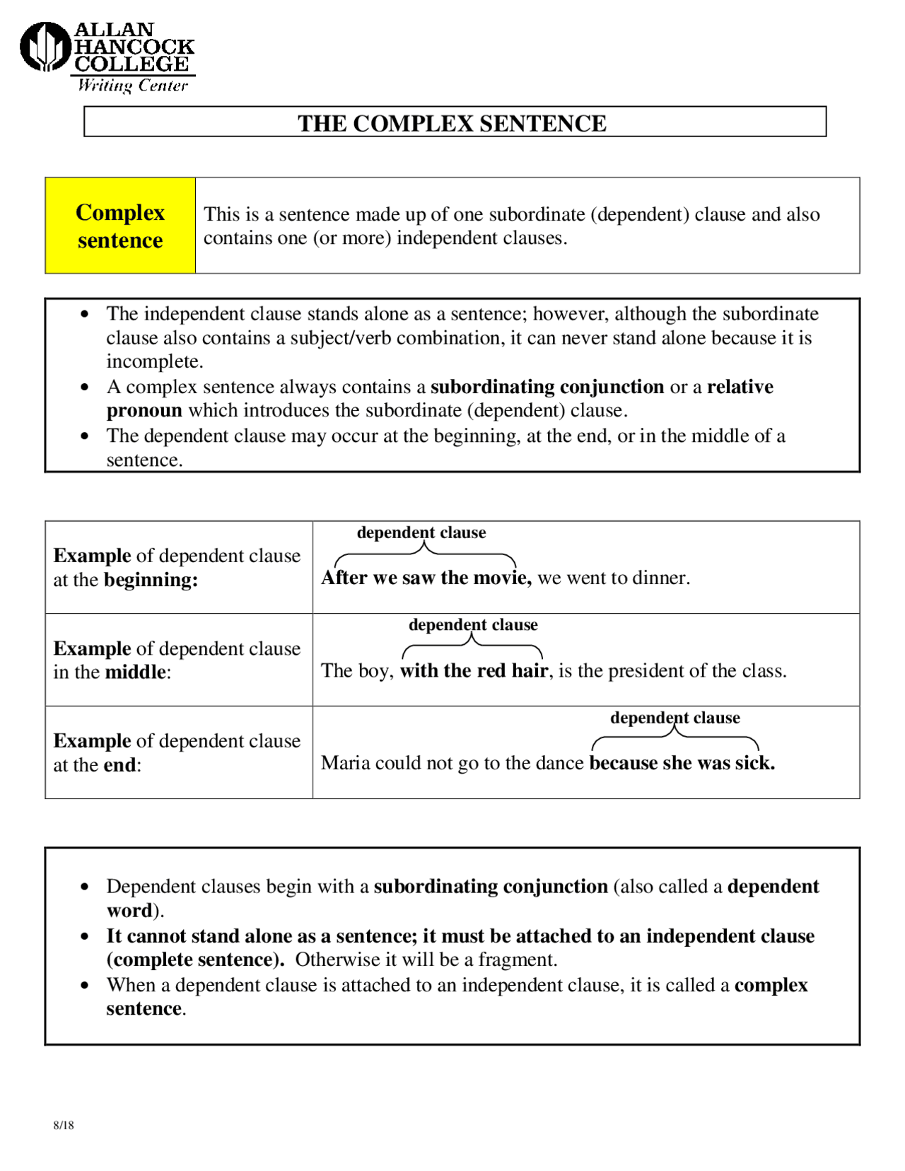 Complex Sentences with Exercises | Study notes Dance | Docsity