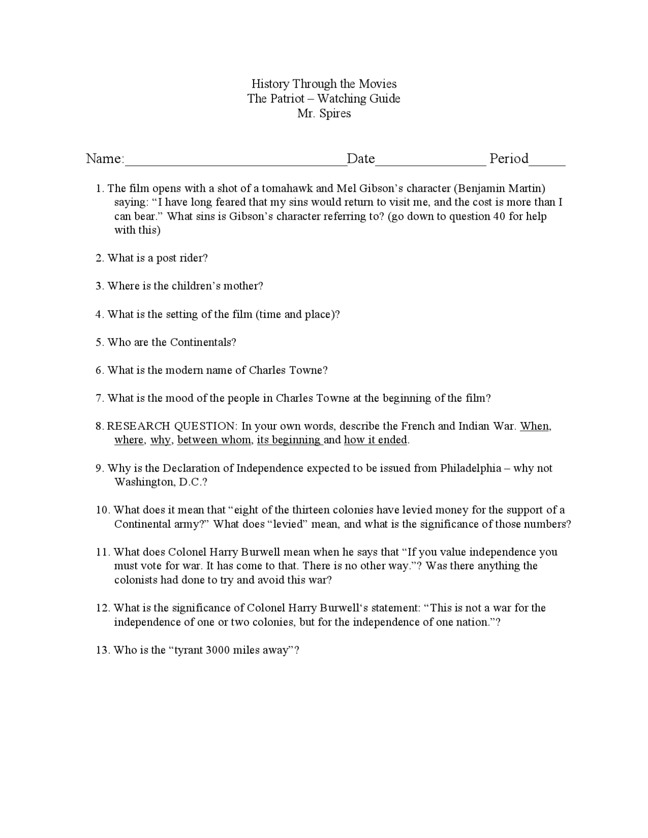 Patriot Watching Guide Lecture Notes French Docsity