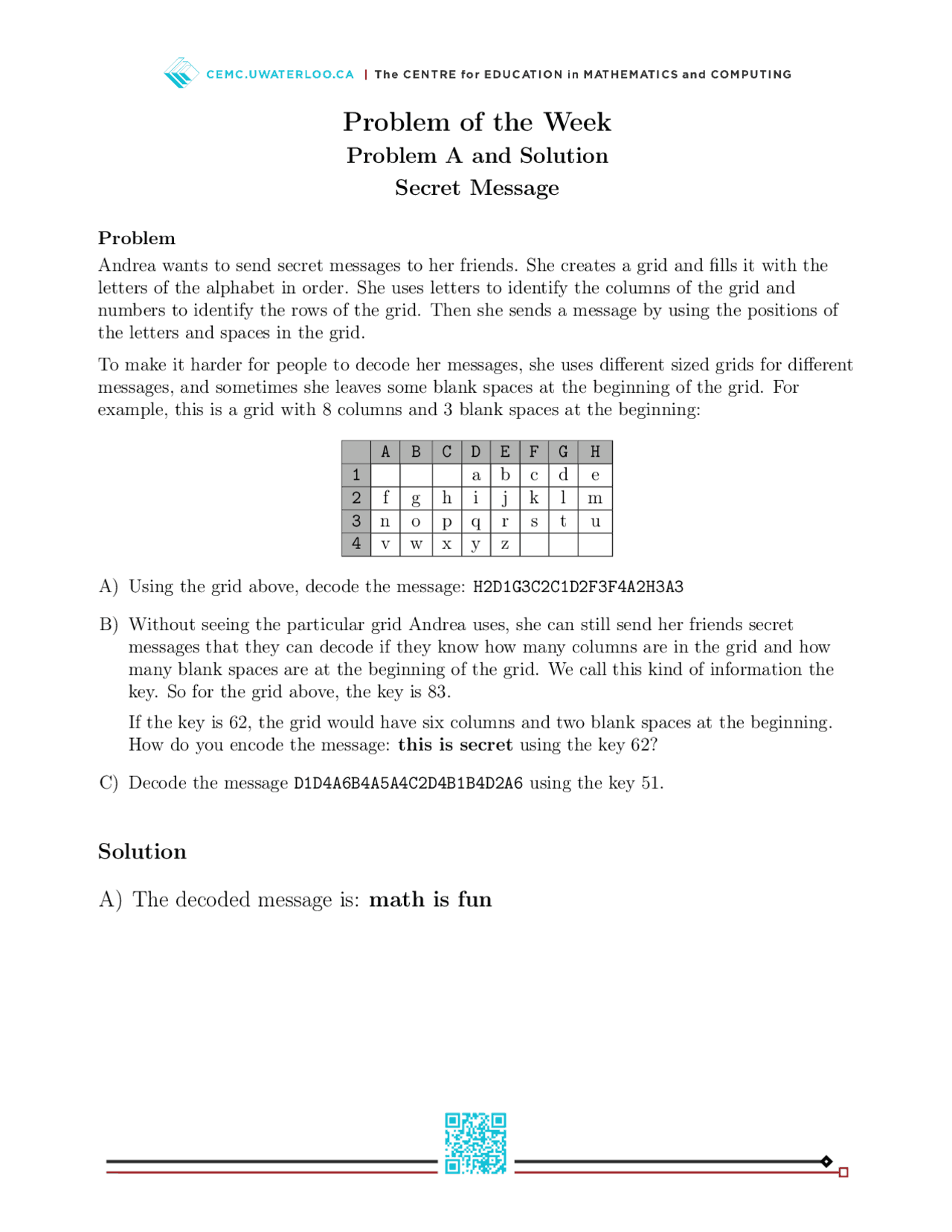 Problem A and Solution Secret Message | Exercises Discrete Mathematics - Docsity