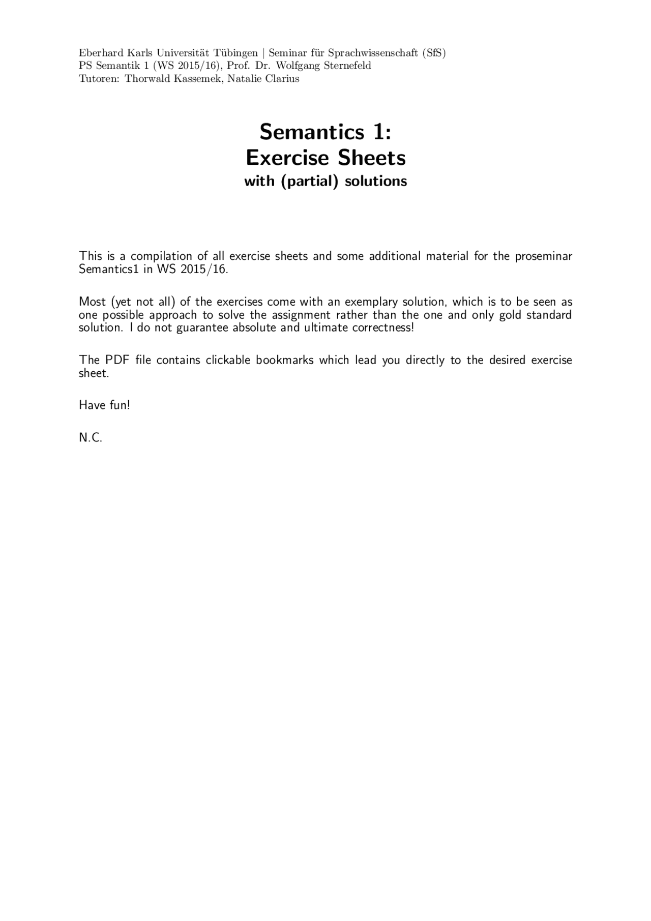 Semantics 1: Exercise Sheets | Study notes Logic | Docsity