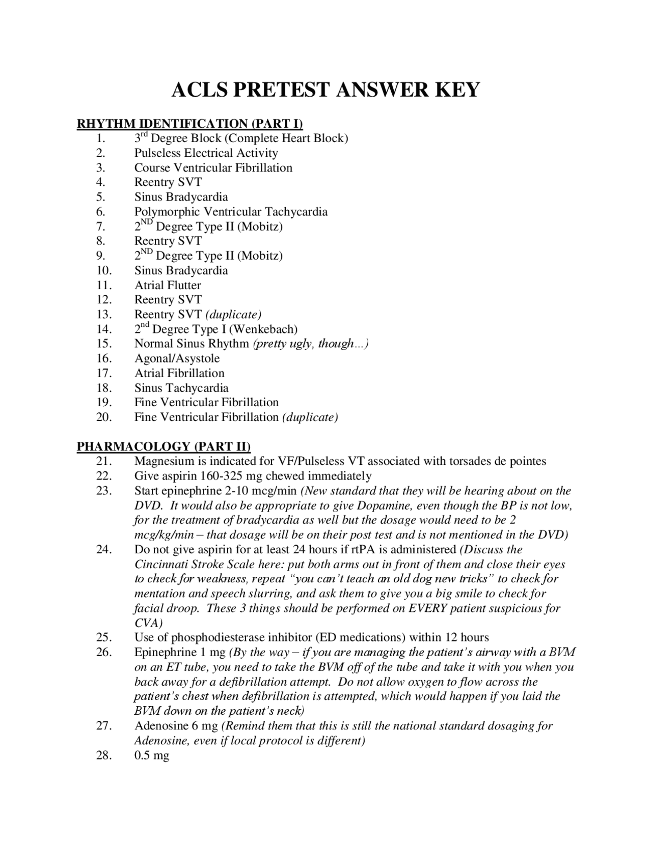 ACLS PRETEST ANSWER KEY Exercises Pharmacology Docsity