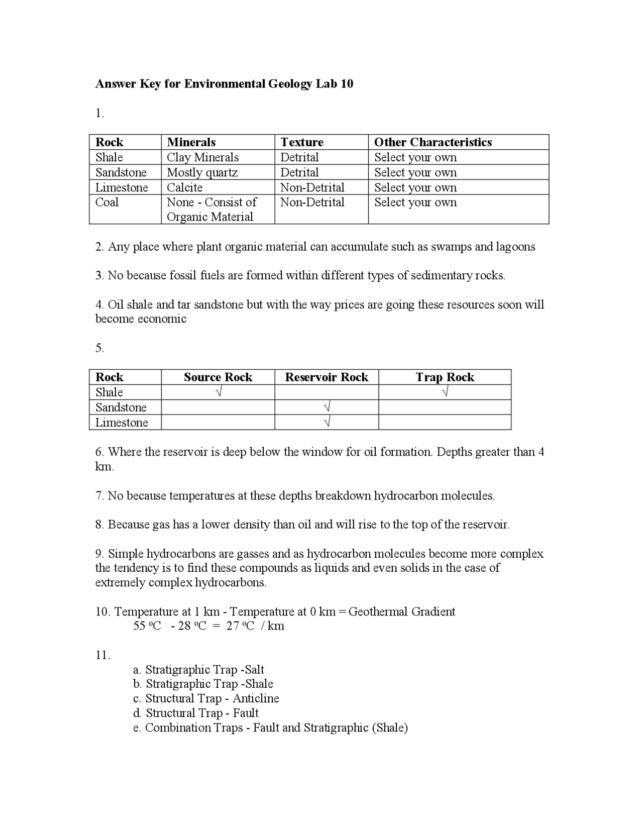 Environmental Geology Lab 10 Answer Key | Slides Geology | Docsity