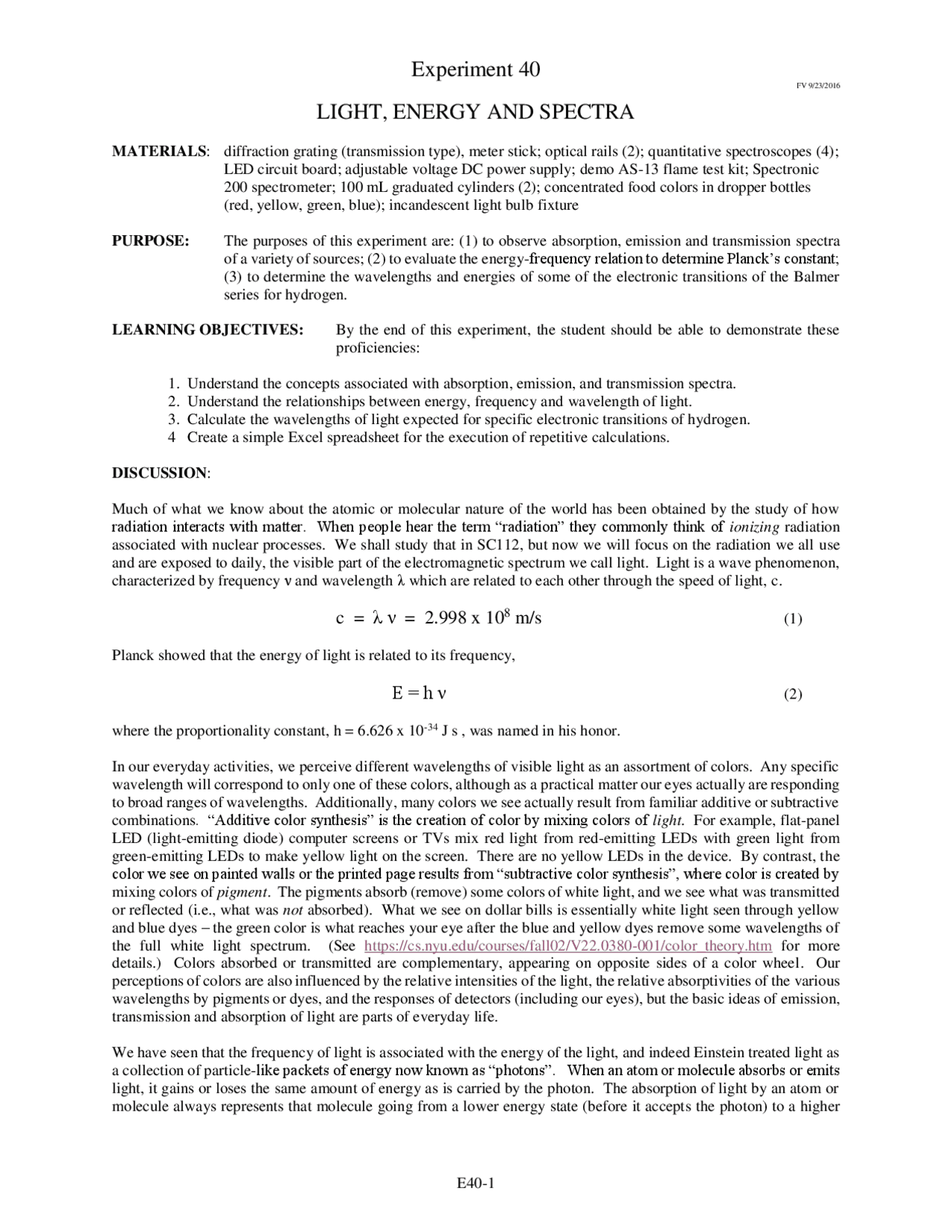 Experiment 40 Light Energy And Spectra Lecture Notes Physics Docsity