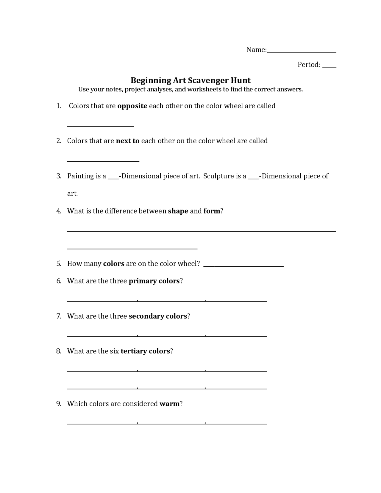 Art Scavenger Hunt: Color, Dimensions, and Art Elements | Exams Art ...