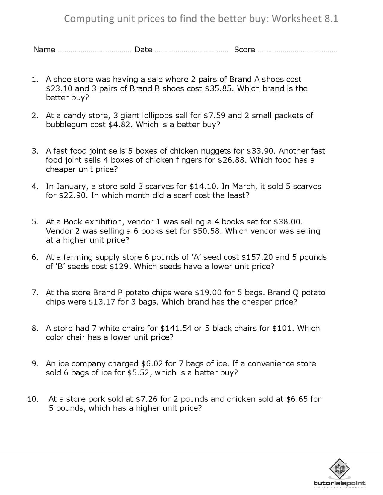 Worksheet 8.1: Finding Unit Prices for Better Buys | Summaries Finance ...
