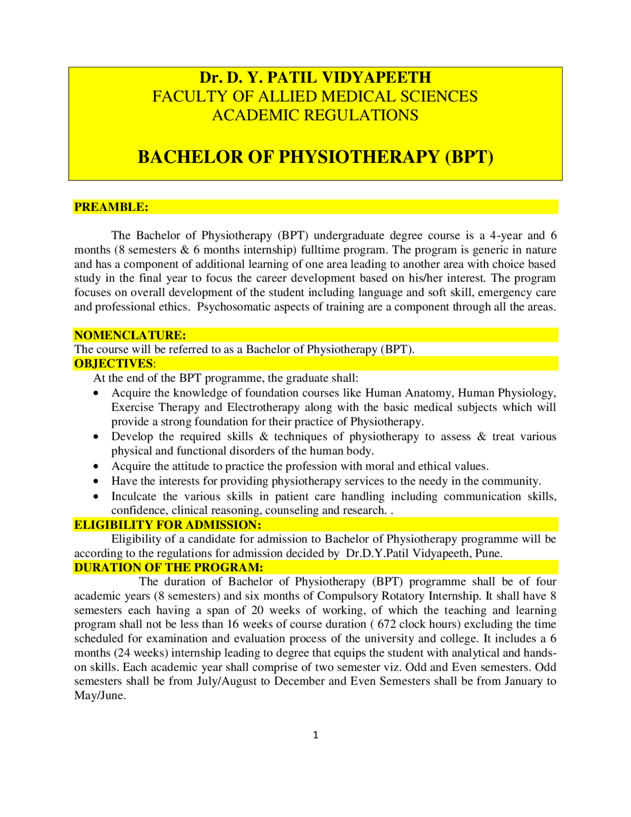 BACHELOR OF PHYSIOTHERAPY (BPT) | Lecture notes Physiotherapy | Docsity