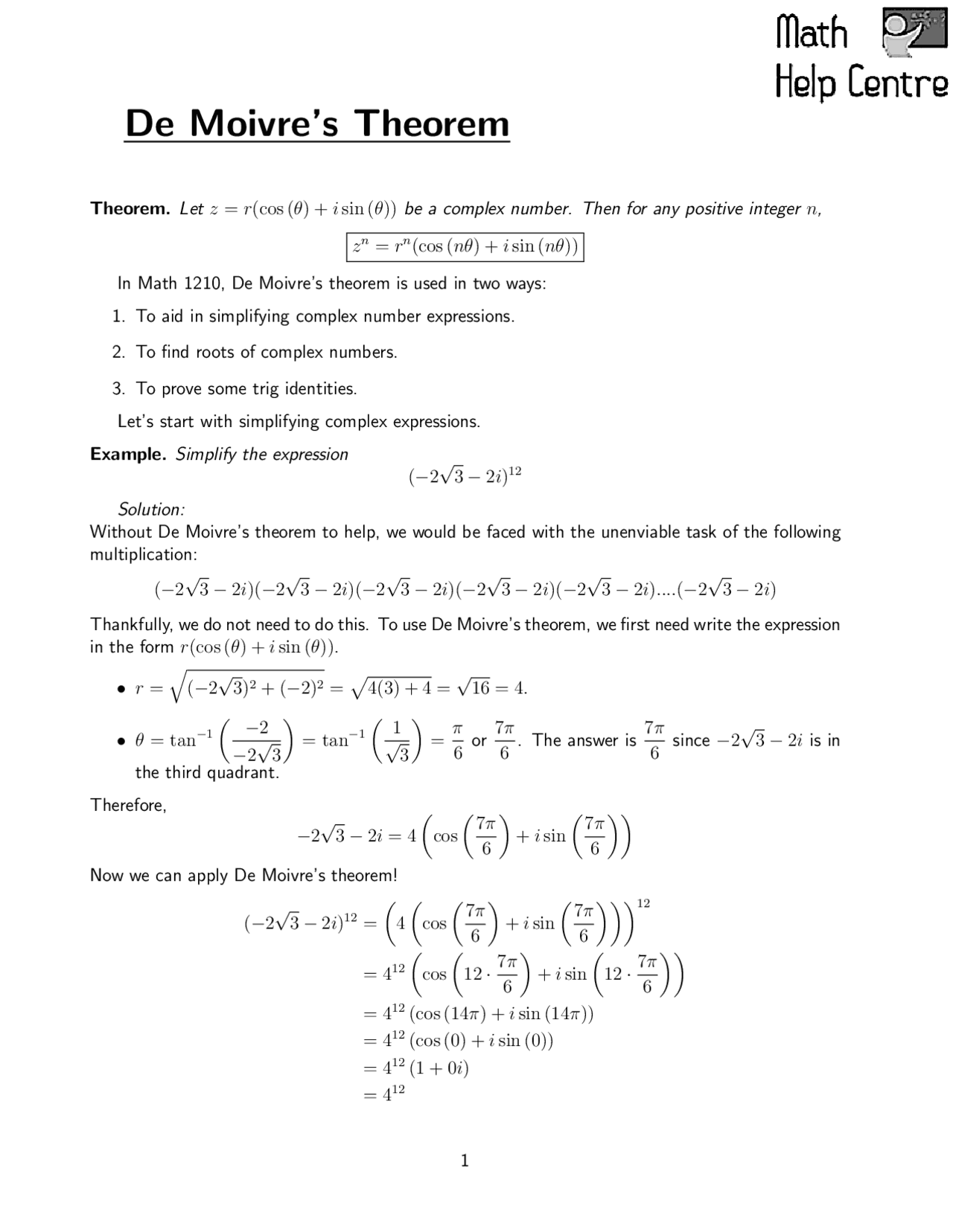 De Moivre's Theorem | Study notes Calculus | Docsity