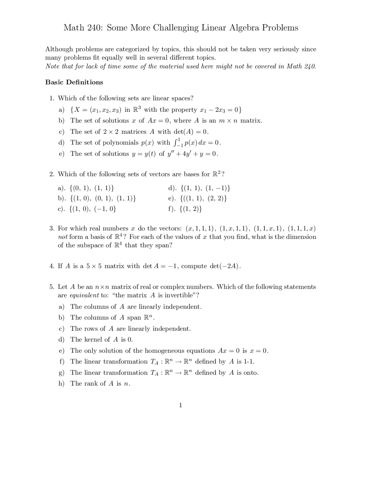 Math 240: Some More Challenging Linear Algebra Problems | Lecture notes ...