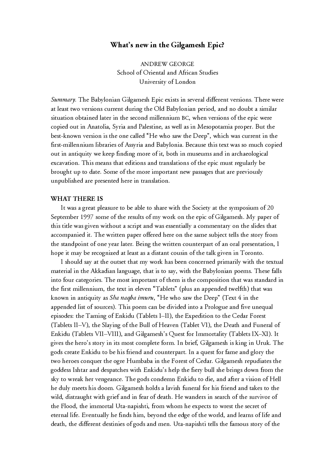 What's new in the Gilgamesh Epic? | Lecture notes History - Docsity