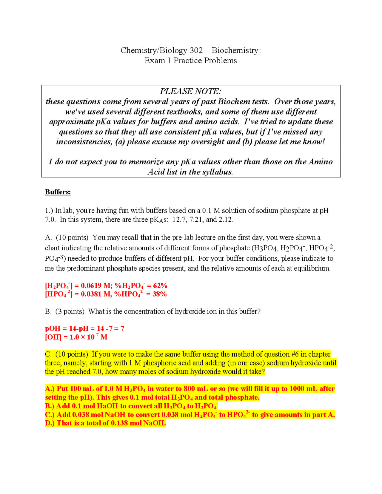 Biochemistry: Exam 1 Practice Problems PLEASE NOTE | Study notes ...
