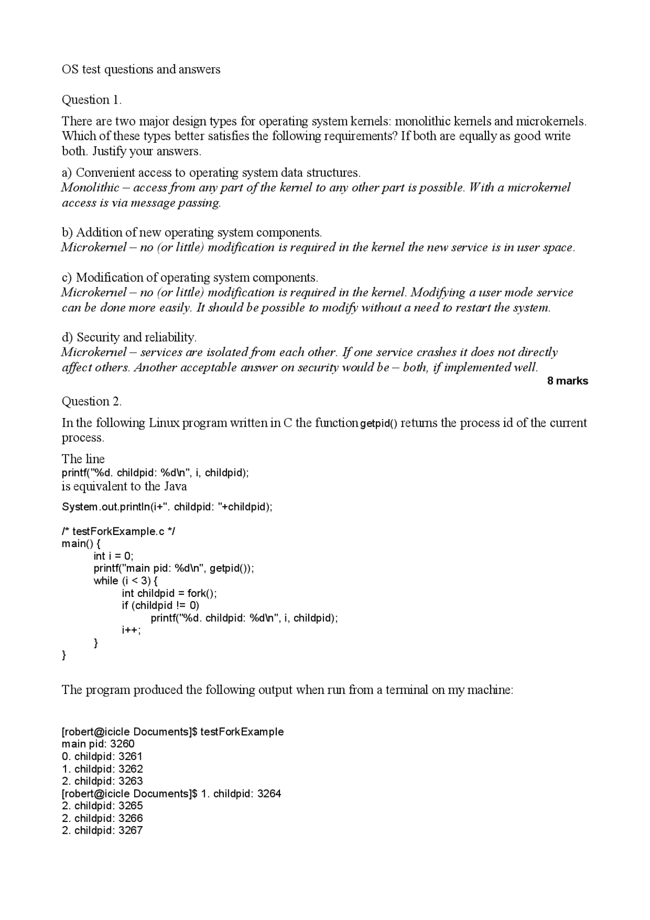 OS test questions and answers | Study notes Design | Docsity