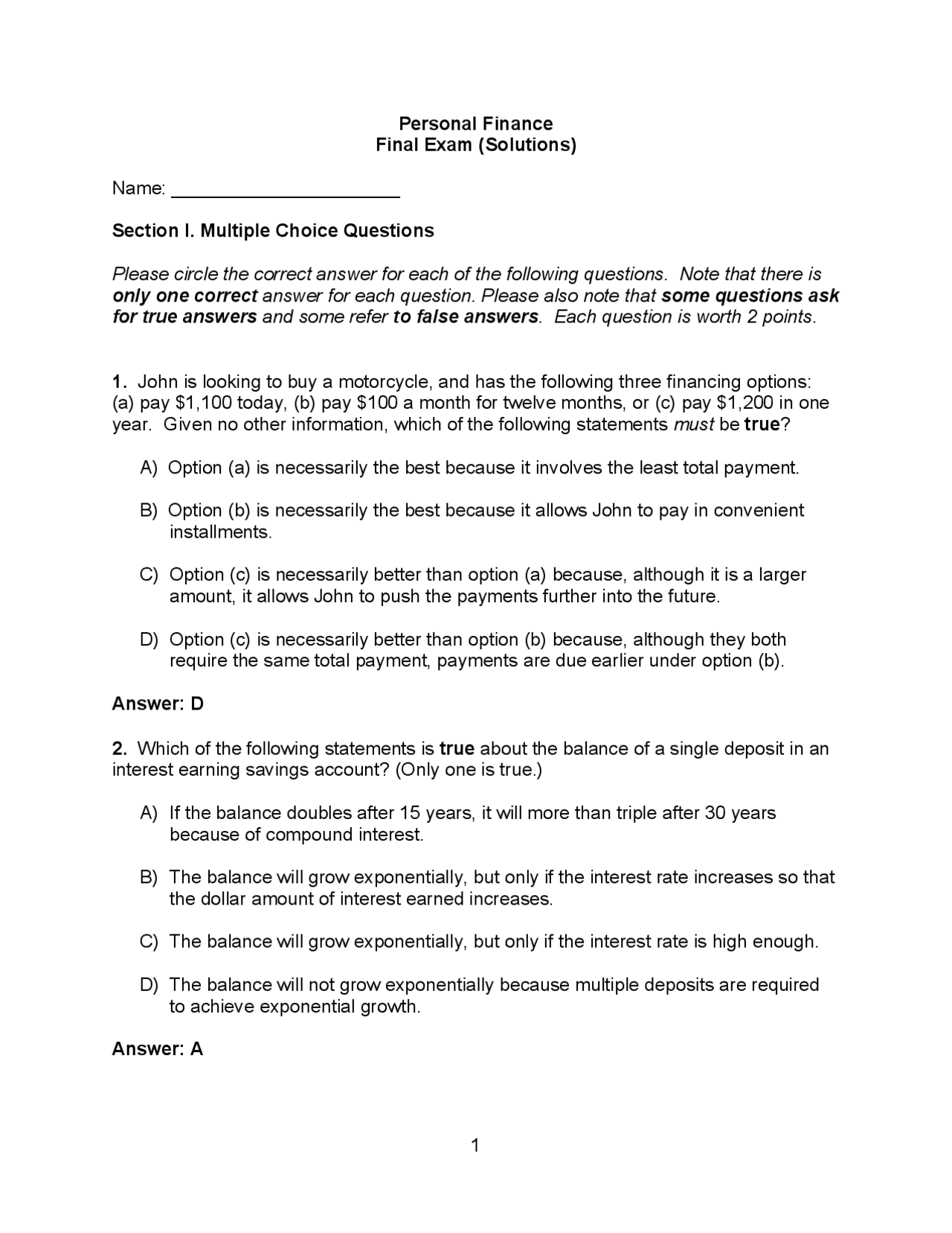 Final Exam Solutionspdf Lecture Notes Corporate Finance Docsity