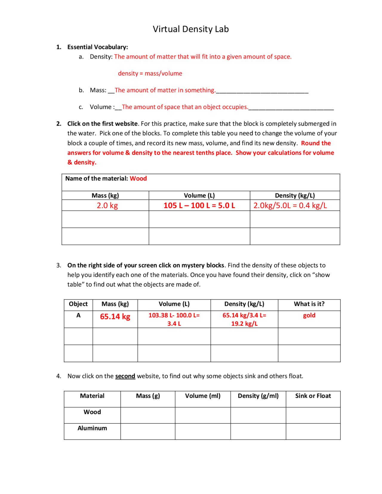 Density Lab Identifying Materials Based On Density Exams Advanced Physics Docsity