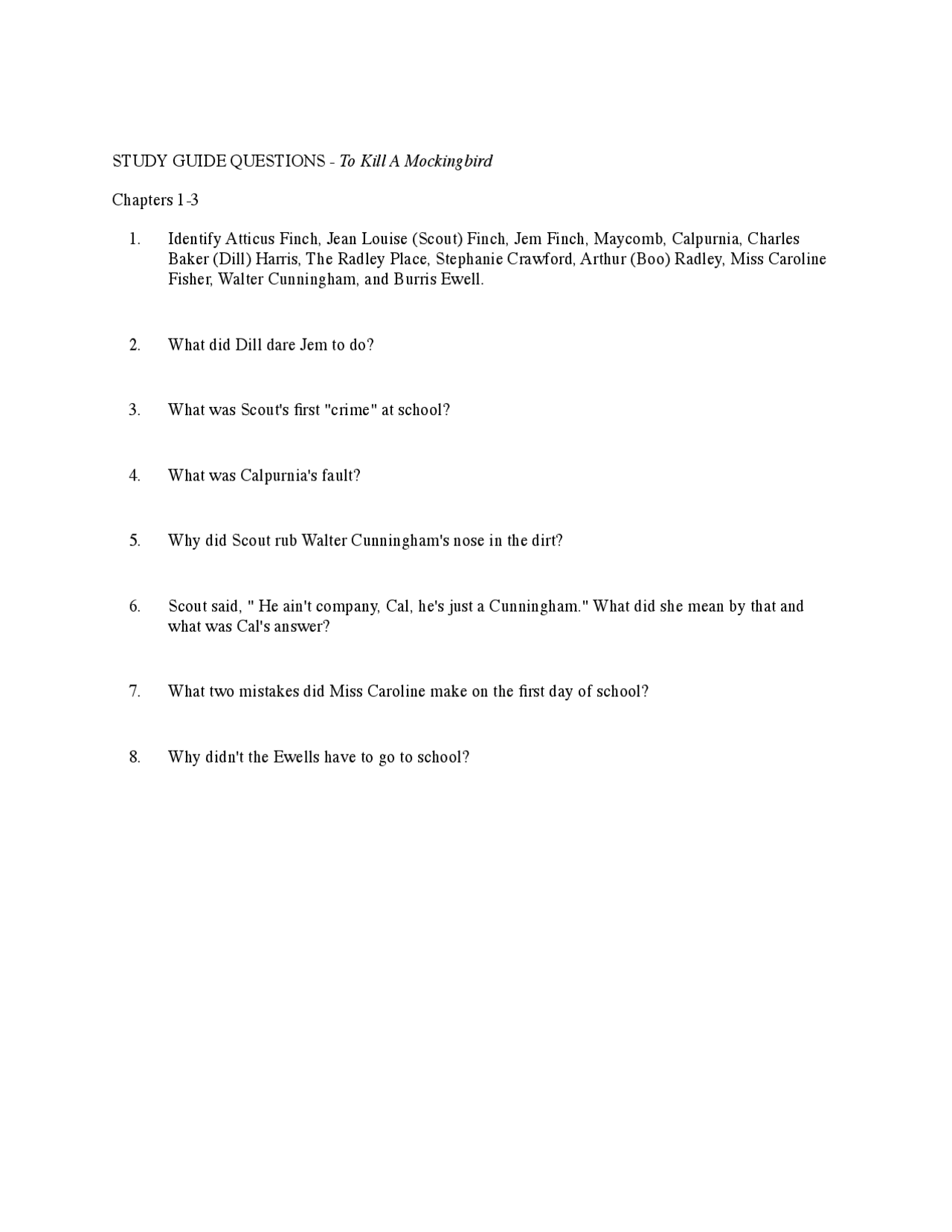 STUDY GUIDE QUESTIONS - To Kill A Mockingbird | Study notes English ...