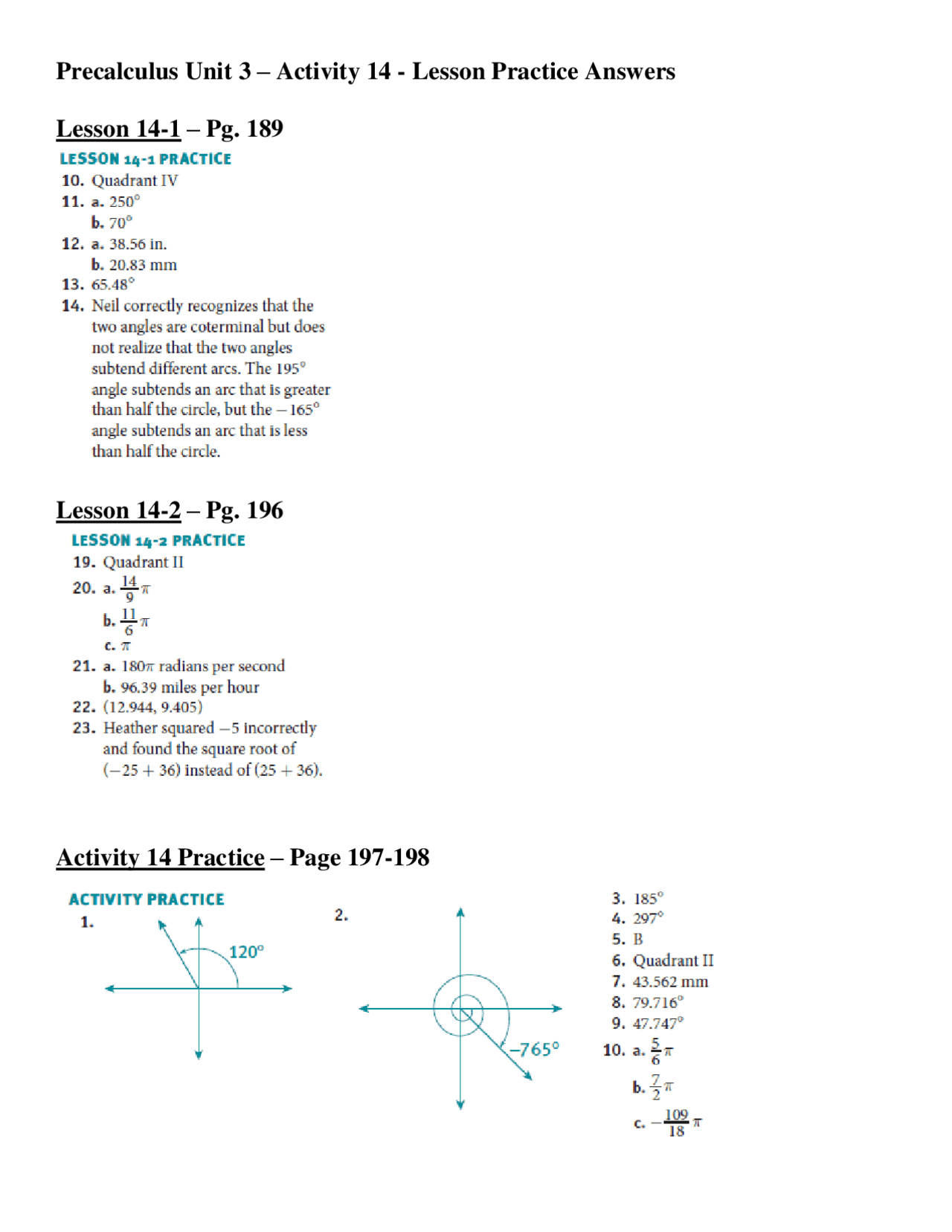 Precalculus Unit 3 Activity 14 Lecture Notes Pre Calculus Docsity