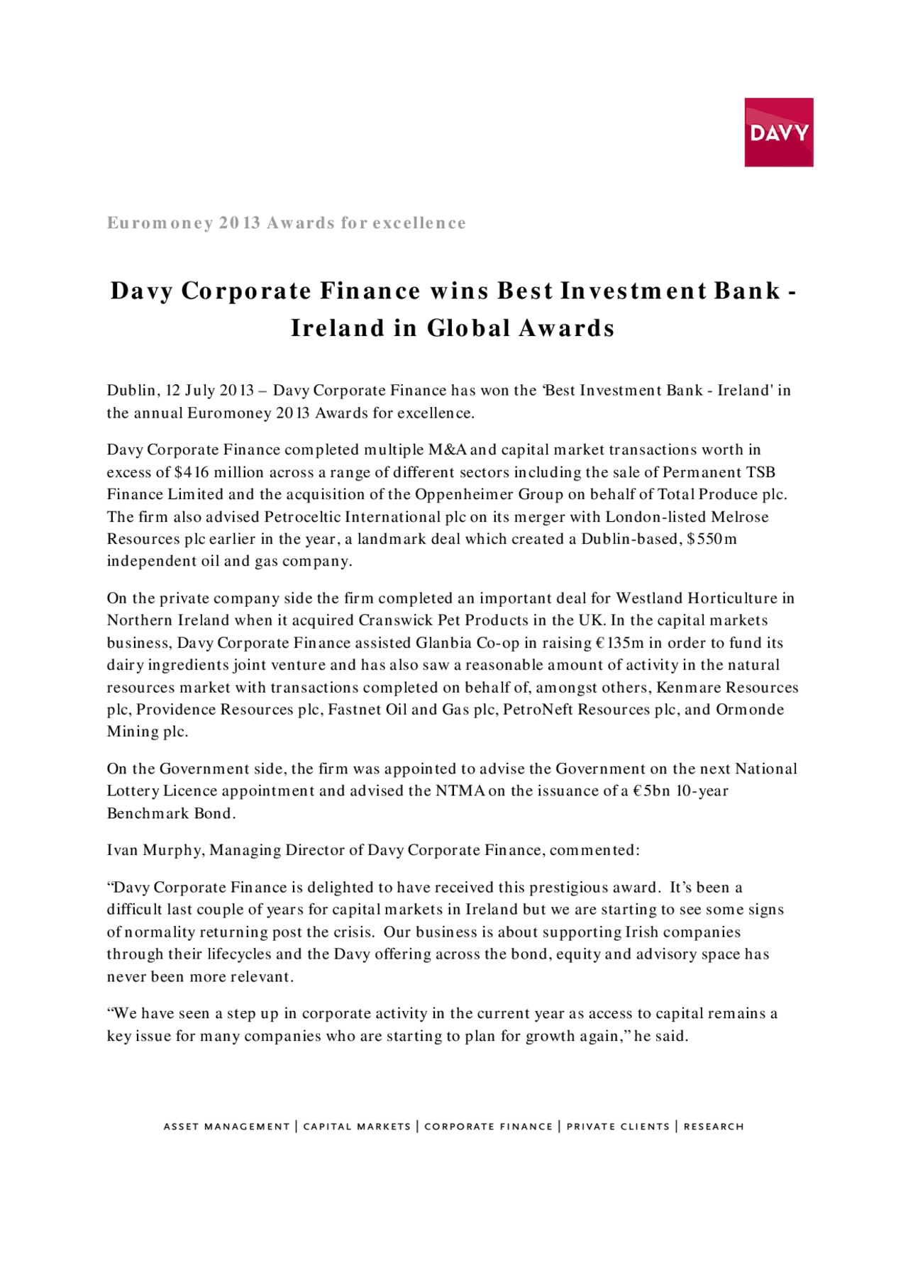 Davy Corporate Finance wins Best Investment Bank | Lecture notes ...