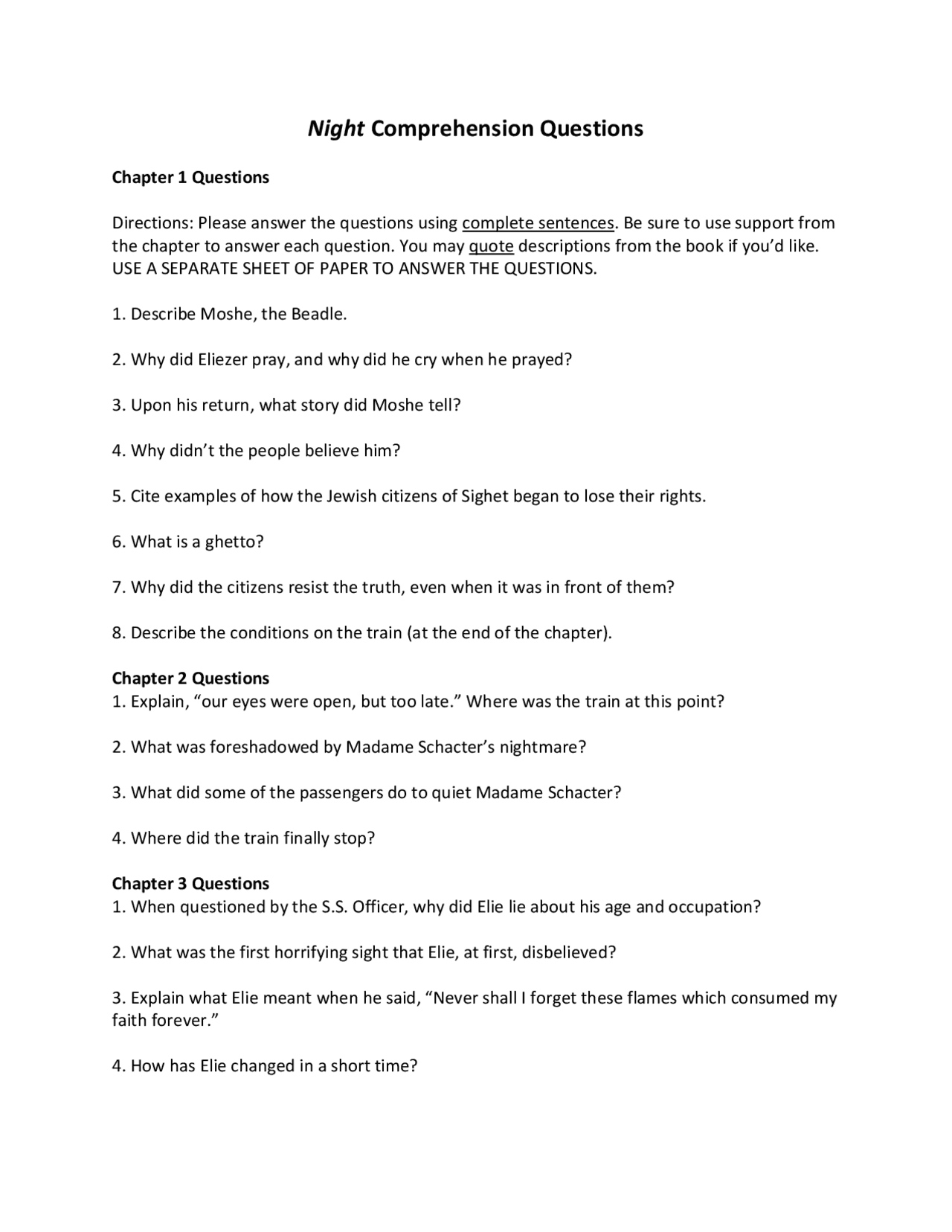 Night Comprehension Questions | Study notes Music - Docsity