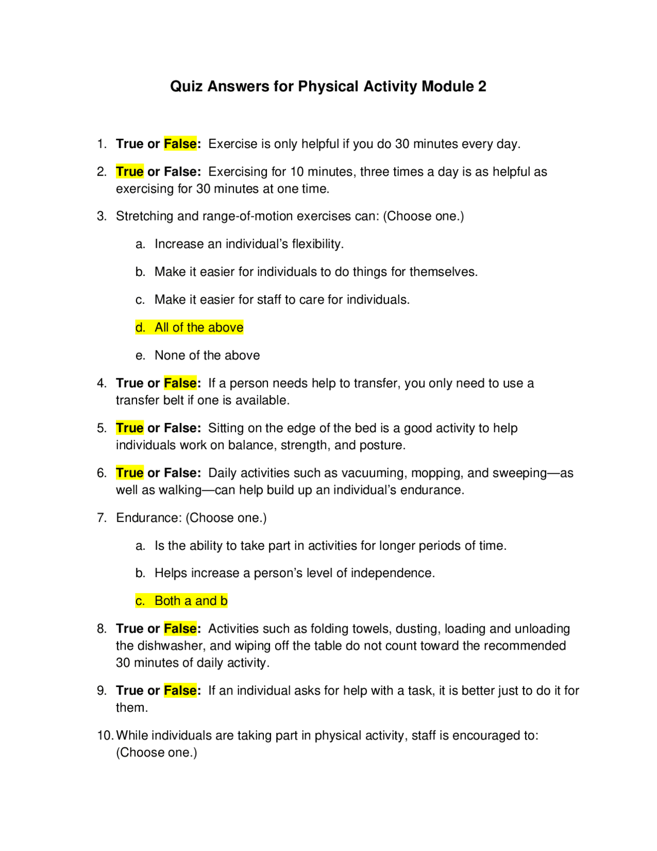Quiz Answers for Physical Activity Module 2 | Lecture notes Physical ...
