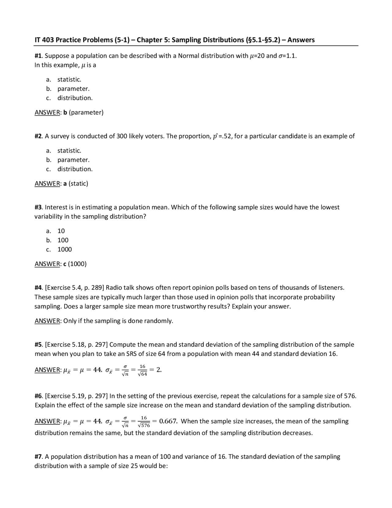 Chapter 5: Sampling Distributions (§5.1-§5.2) – Answers | Exercises Statistical Physics | Docsity