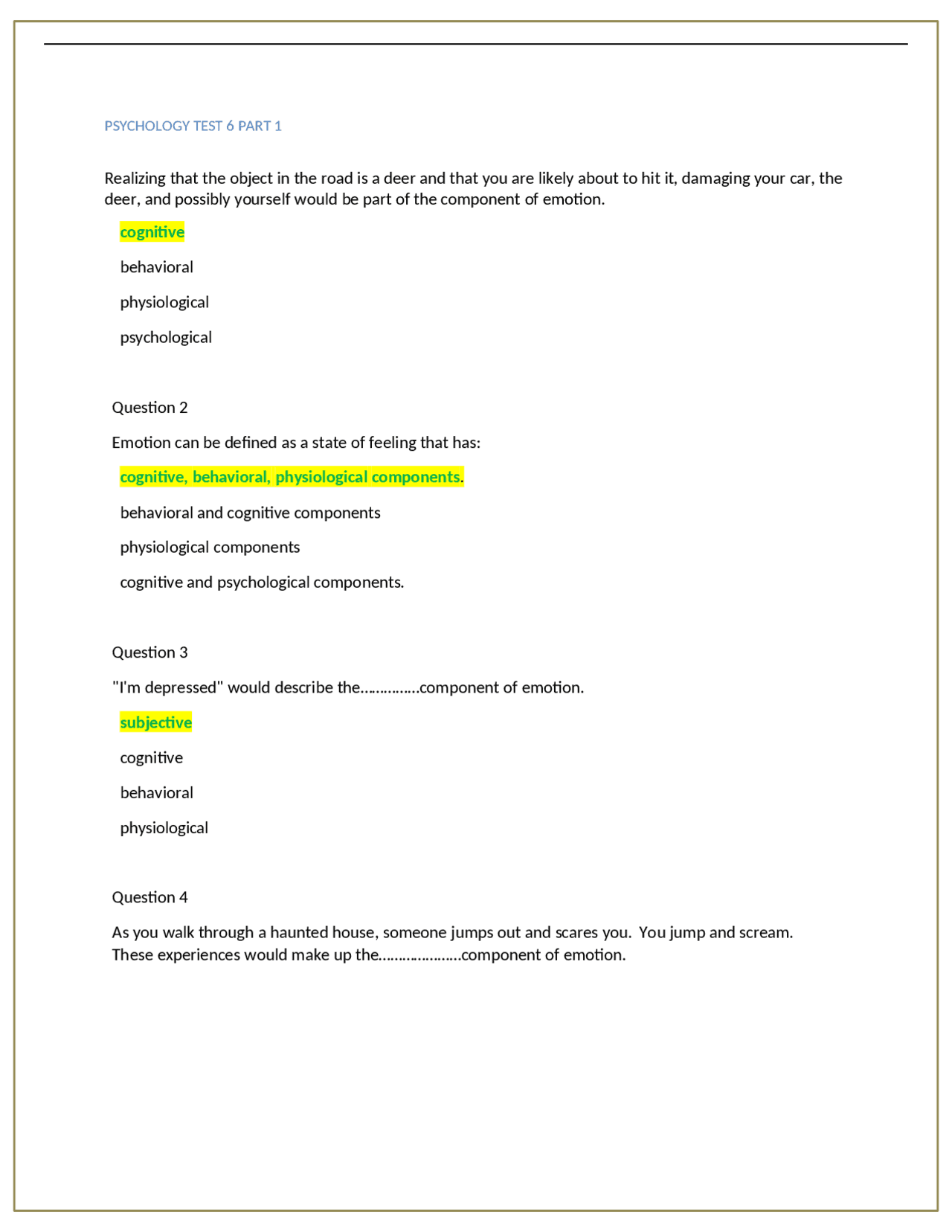 test 6 psychology part1 | Exams Introduction to Psychology | Docsity