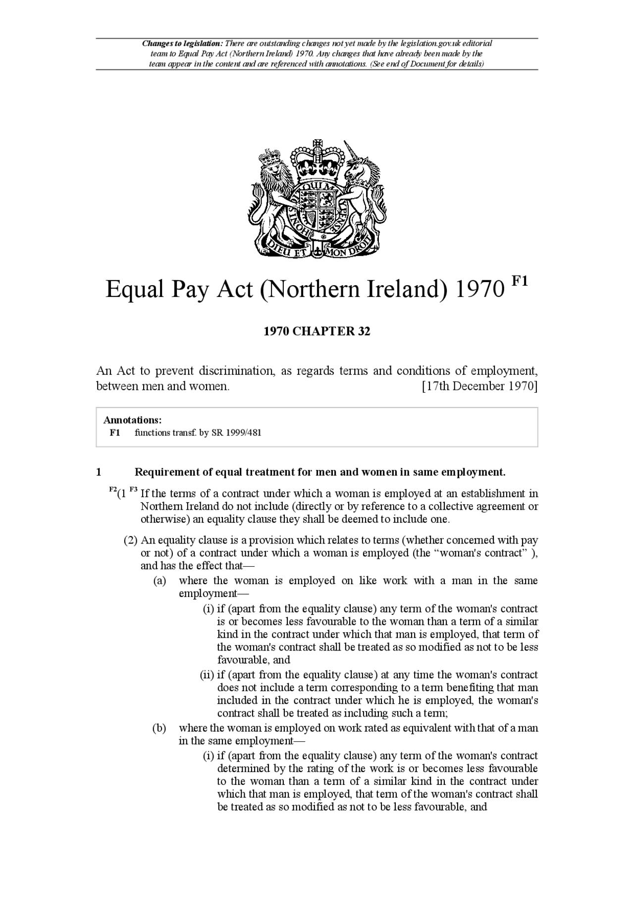 Equal Pay Act (Northern Ireland) 1970 | Study notes Art | Docsity