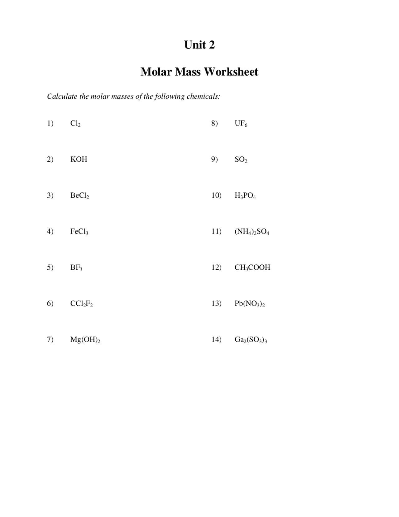 Molar Mass Worksheet Percentage