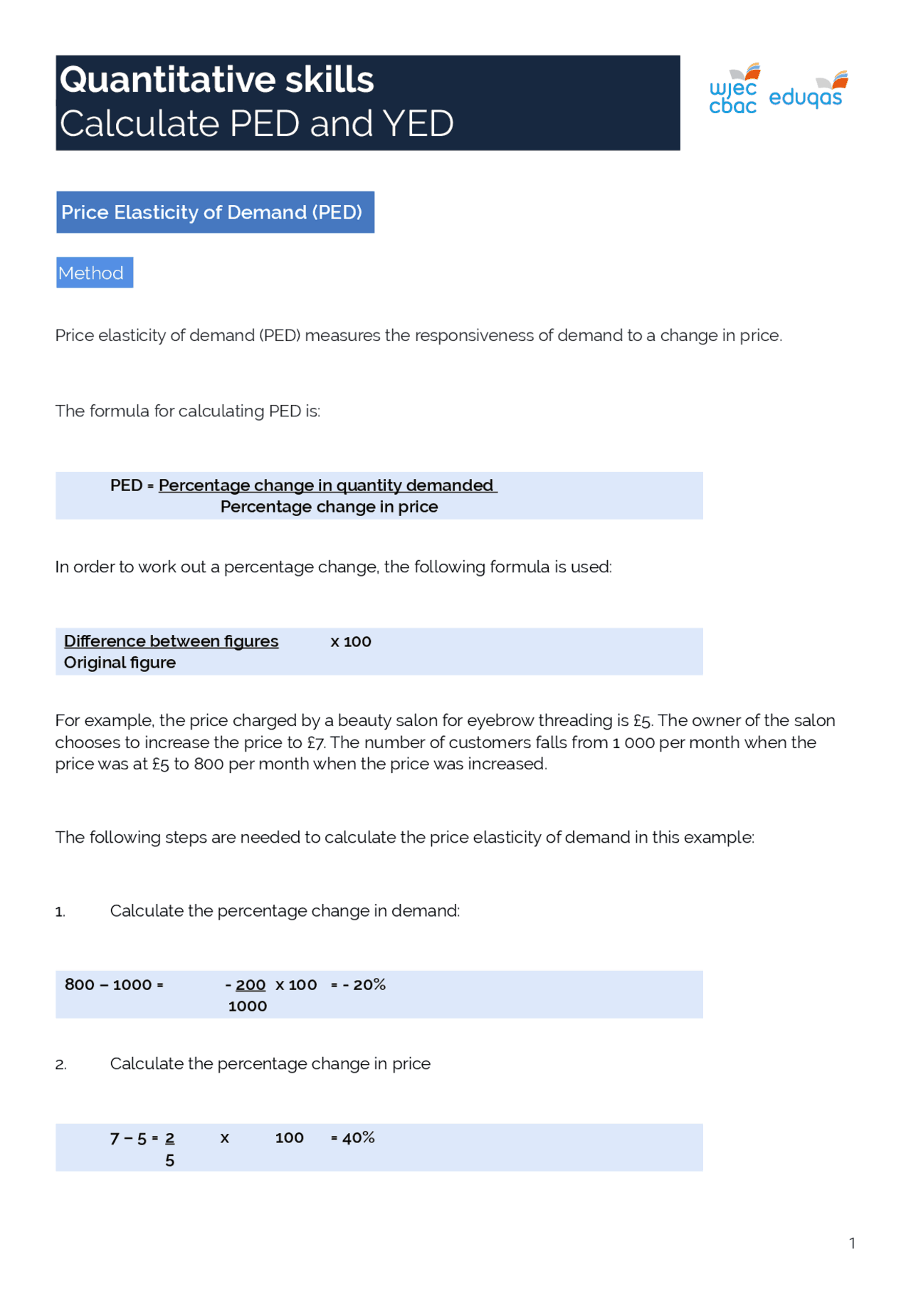 Quantitative skills Calculate PED and YED | Exams Statistics - Docsity