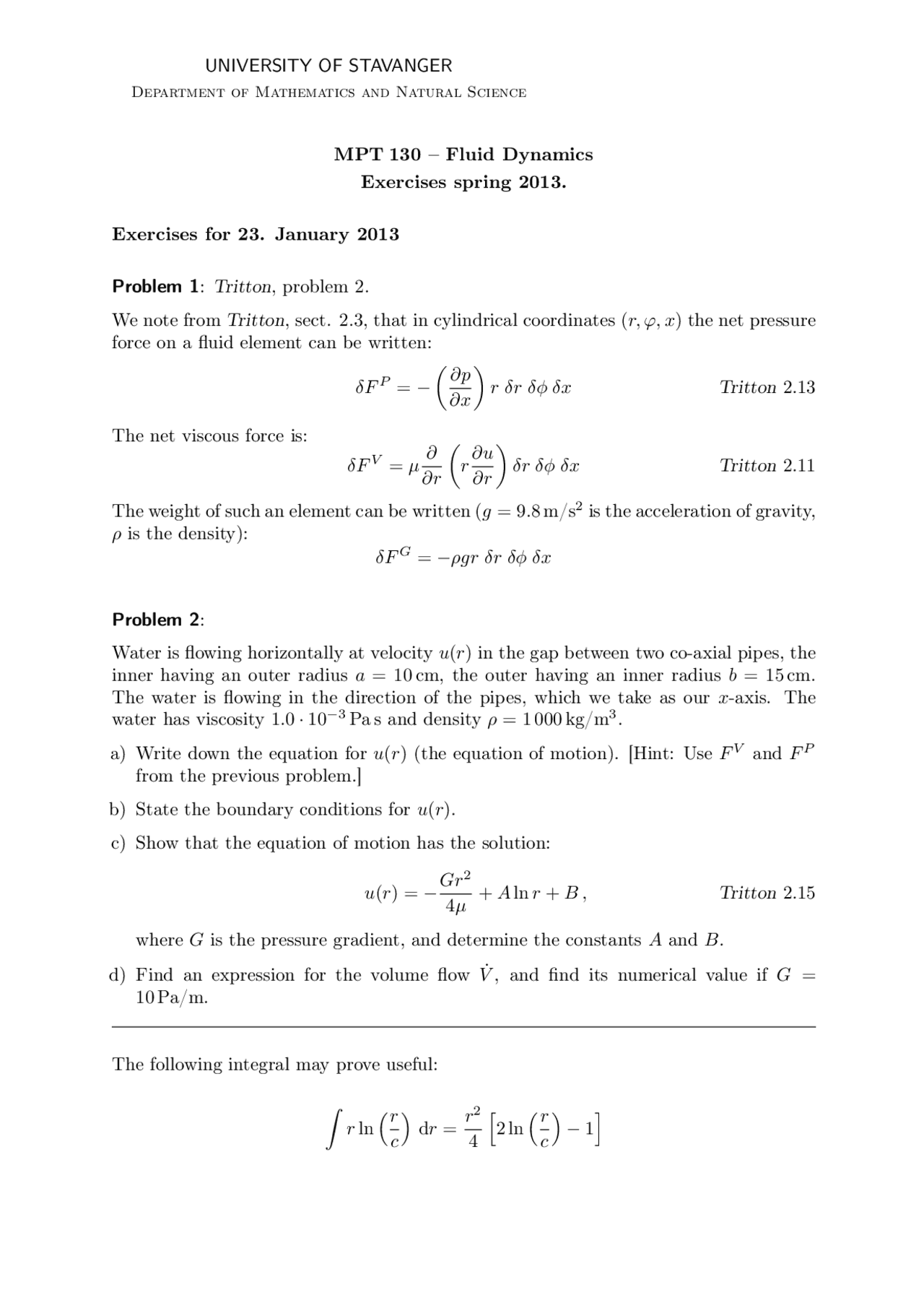 Mpt 130 Fluid Dynamics Exercises Fluid Dynamics Docsity