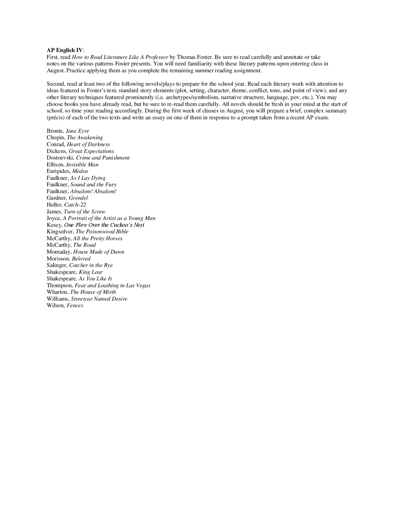 AP English IV Summer Reading Assignment: Preparing for Literature ...